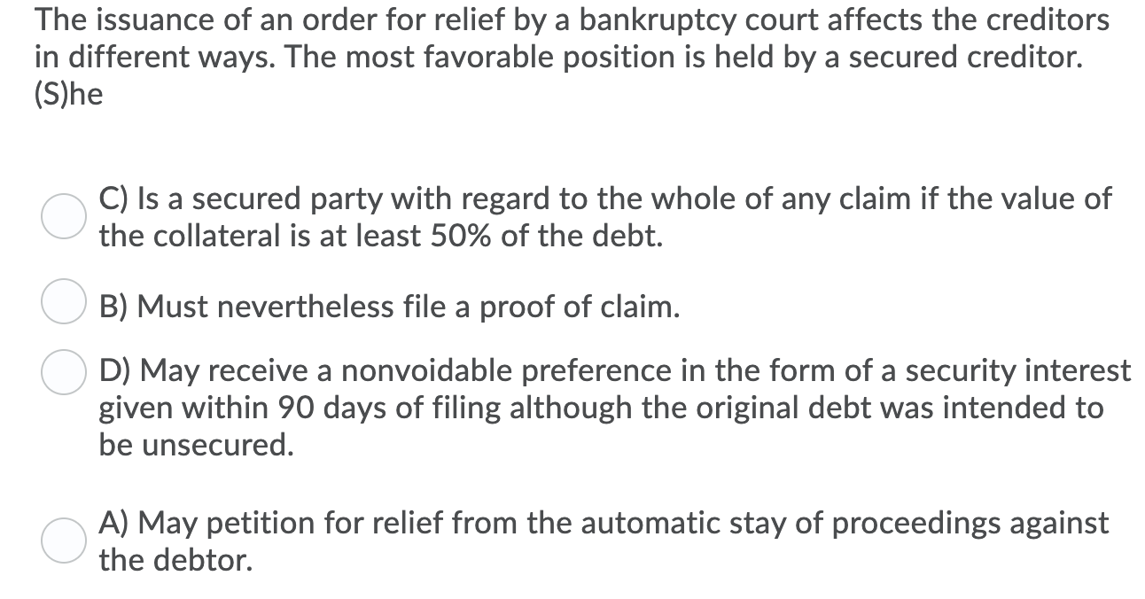 Solved The issuance of an order for relief by a bankruptcy | Chegg.com