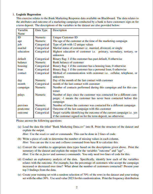 1. Logistic Regression This exercise relates to the | Chegg.com