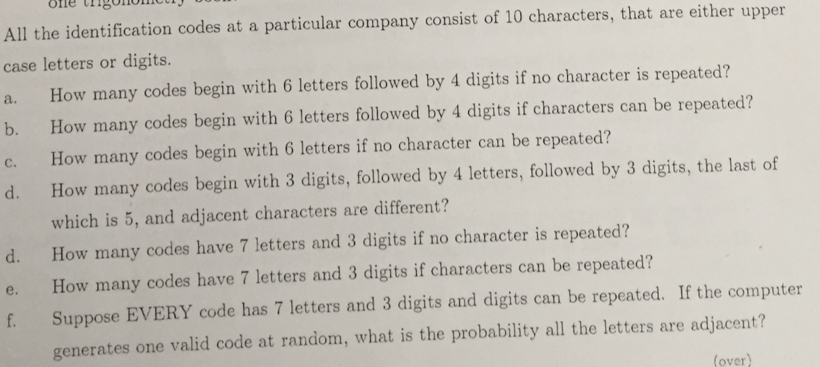 Solved All the identification codes at a particular company | Chegg.com
