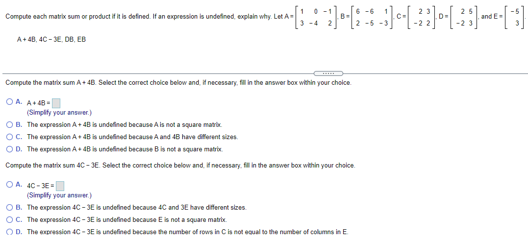 Solved Compute each matrix sum or product if it is defined. | Chegg.com