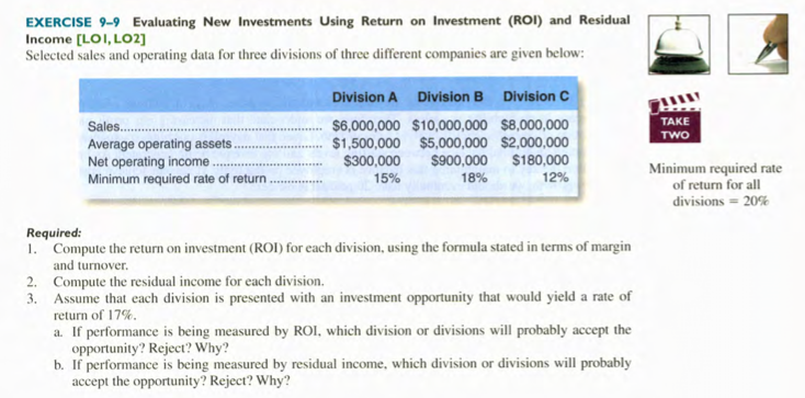 Solved EXERCISE 9-9 Evaluating New Investments Using Return | Chegg.com Solved EXERCISE 9-9 Evaluating New Investments Using Return | Chegg.com