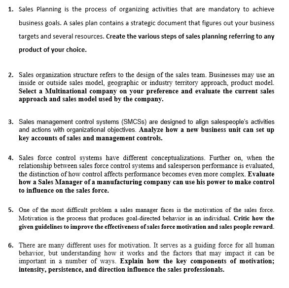 Solved 1. Sales Planning is the process of organizing | Chegg.com