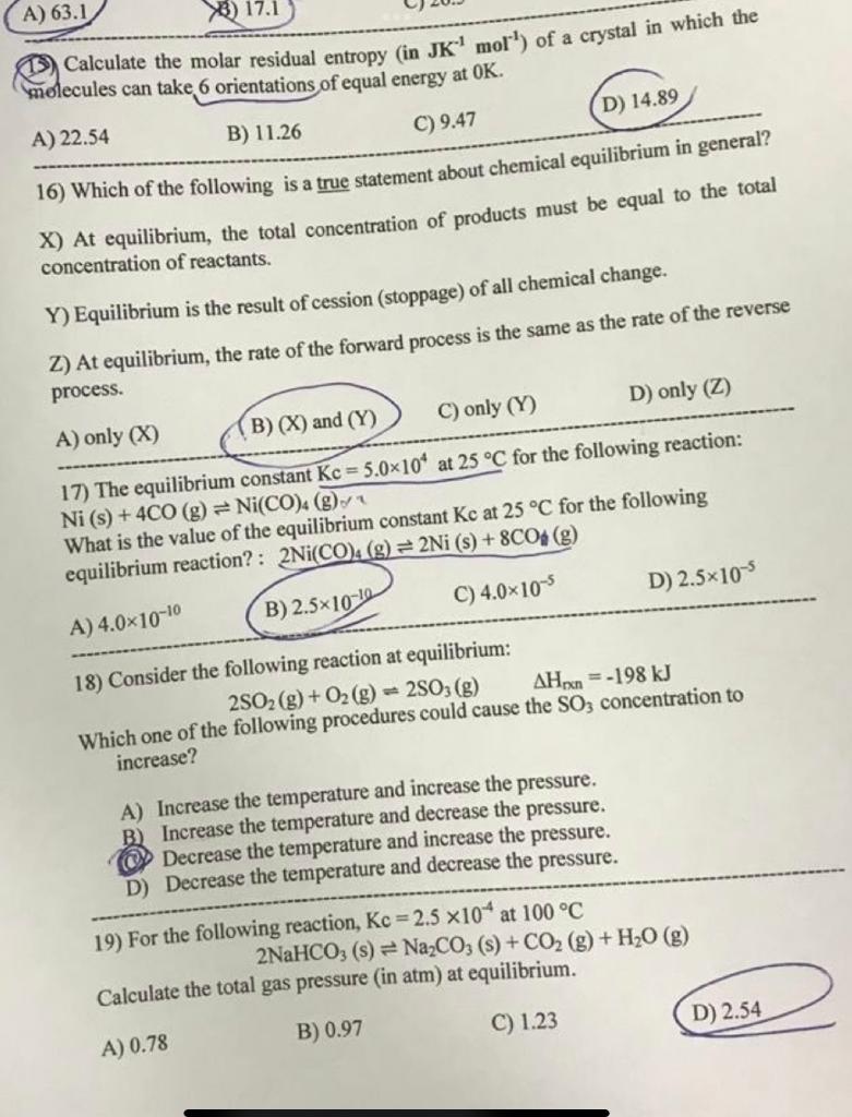 Solved A) 63.1 3) 17.1 Calculate the molar residual entropy | Chegg.com