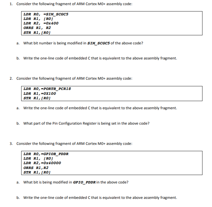 Solved 1. Consider the following fragment of ARM Cortex MO+ | Chegg.com