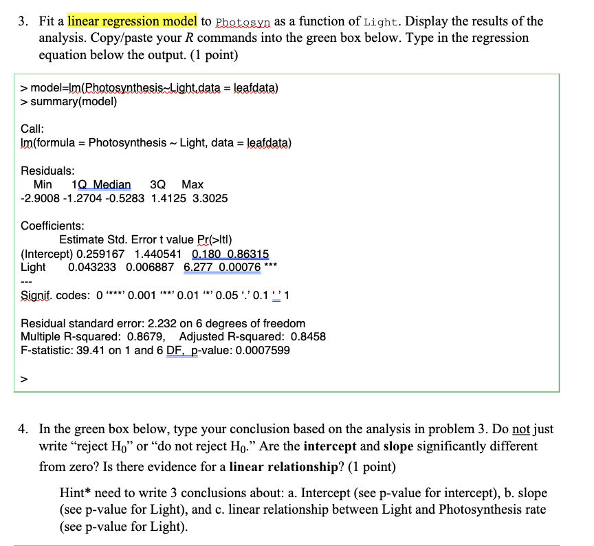 Solved 3. Fit a linear regression model to photosyn as a | Chegg.com