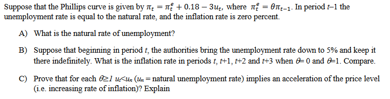 Solved = Suppose that the Phillips curve is given by = Tie + | Chegg.com