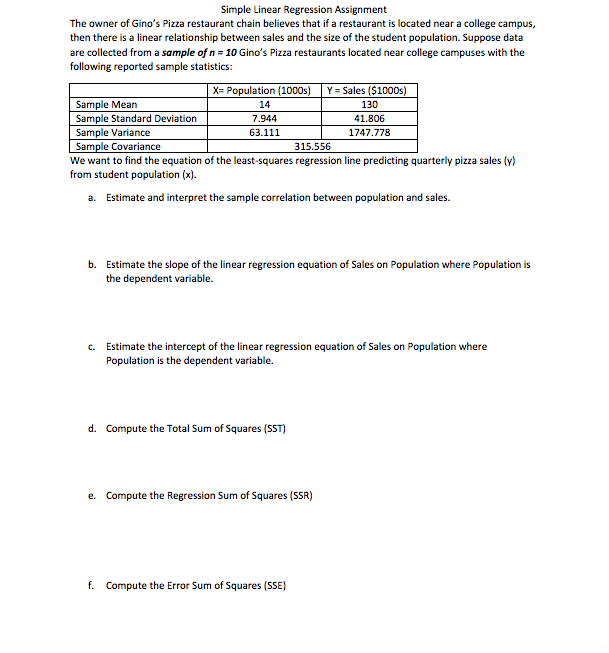 Simple Linear Regression Assignment The owner of | Chegg.com