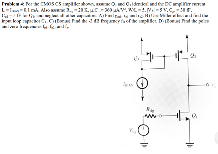 Solved Problem 4: For the CMOS CS amplifier shown, assume Q2 | Chegg.com