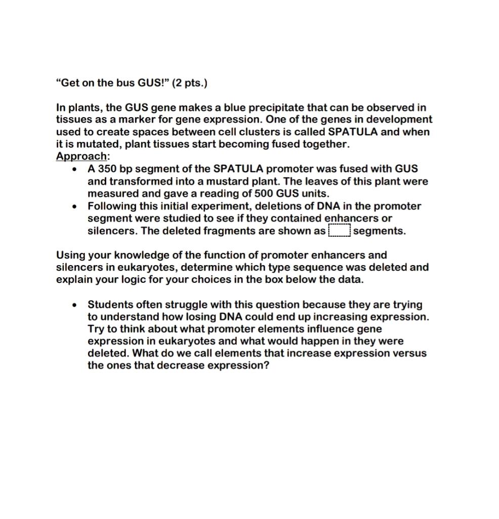 Solved "Get on the bus GUS!” (2 pts.) In plants, the GUS | Chegg.com