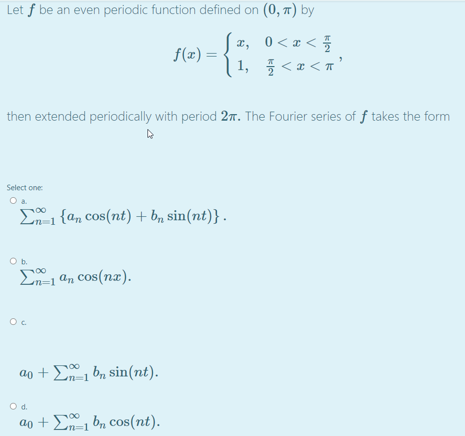 Solved Let f be an even periodic function defined on (0,7) | Chegg.com