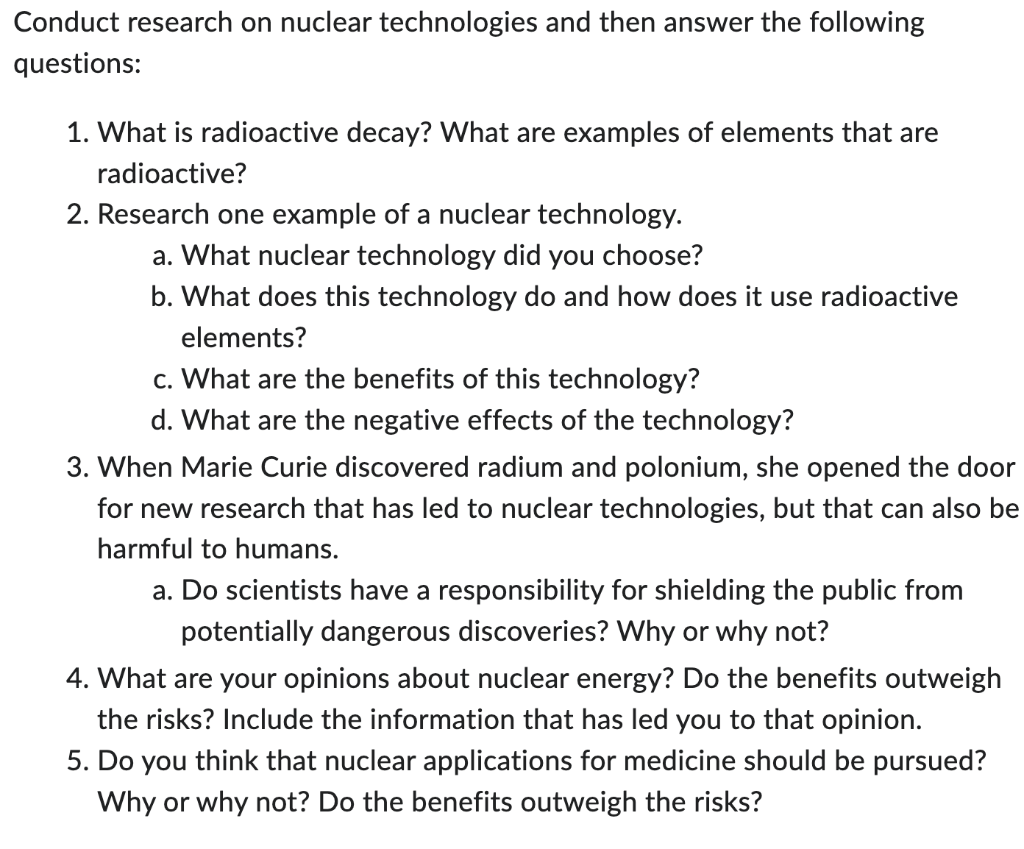 Solved Conduct research on nuclear technologies and then | Chegg.com