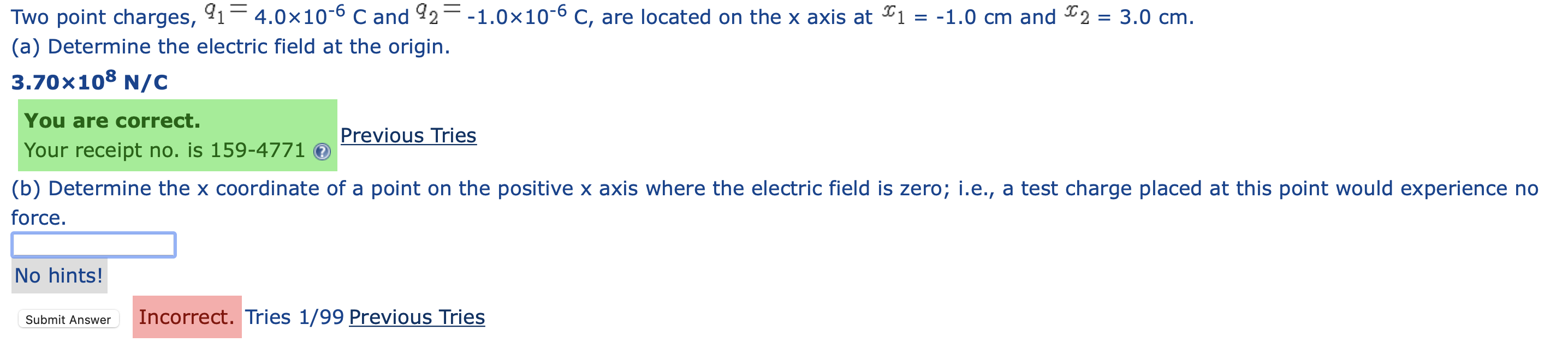 Solved Two point charges, q1=4.0×10−6C and 2=−1.0×10−6C, are | Chegg.com