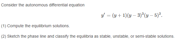 Solved Consider the autonomous differential equation y' = | Chegg.com