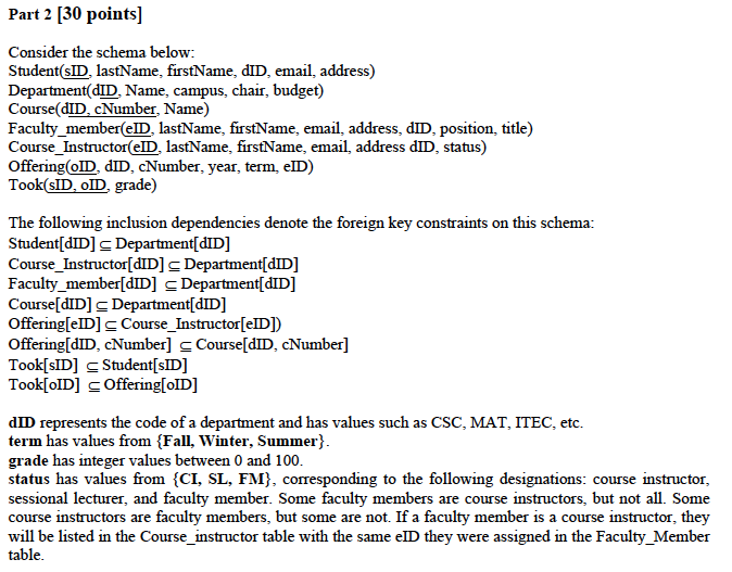 Solved Part 2 [30 points) Consider the schema below: | Chegg.com