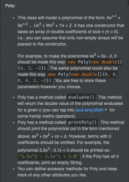Solved Please create the following JAVA CLASS POLY with the | Chegg.com