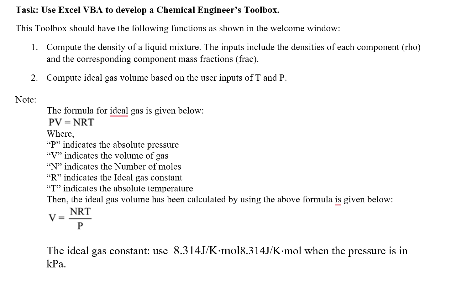 Solved Task Use Excel Vba To Develop A Chemical Engineers 