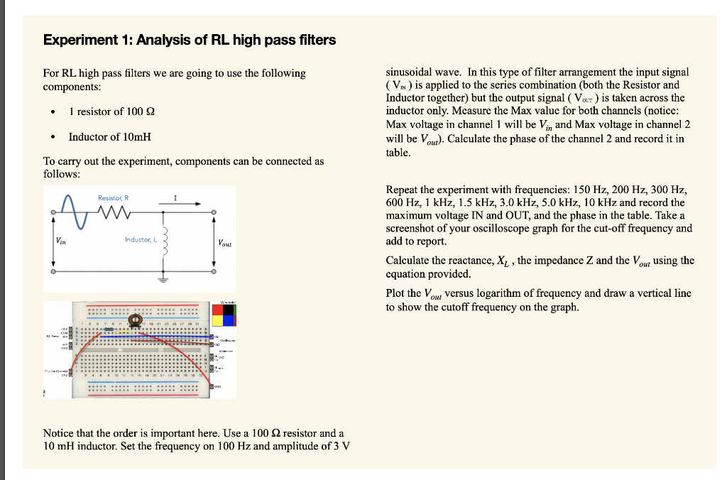 Solved Experiment 1: Analysis of RL high pass filters For RL | Chegg.com