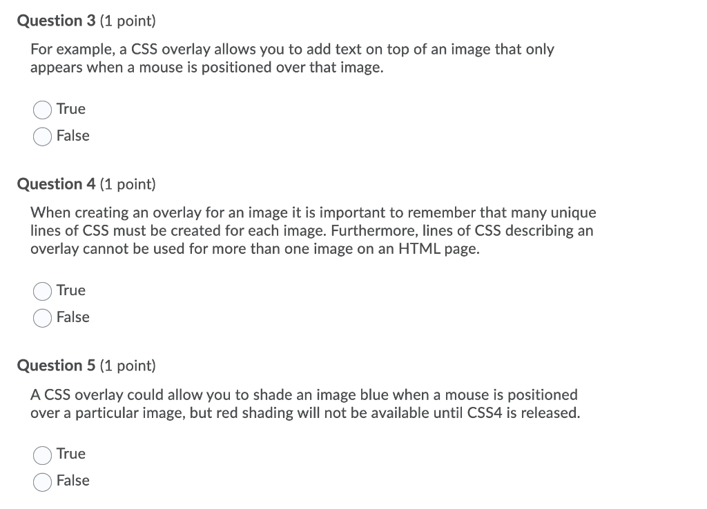 Solved Question 1 (1 point) Saved Creating a CSS overlay | Chegg.com