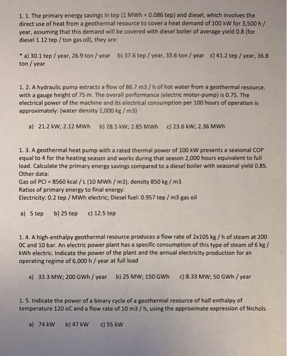 Solved 1. 1. The primary energy savings in tep (1 MWh -0.086 | Chegg.com