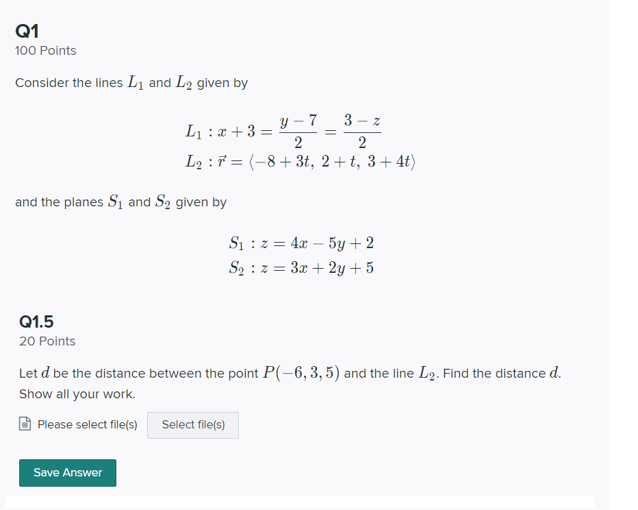 Solved Q1 100 Points Consider the lines L1 and L2 given by y | Chegg.com