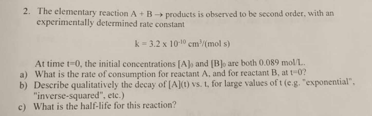 Solved 2. The elementary reaction A+B→ products is observed | Chegg.com