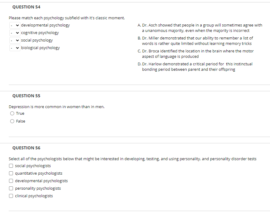 Solved QUESTION 54 Please match each psychology subfield | Chegg.com