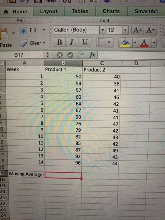 Solved Tables Charts Layout SmartArt Font Edit Fill Calibri | Chegg.com