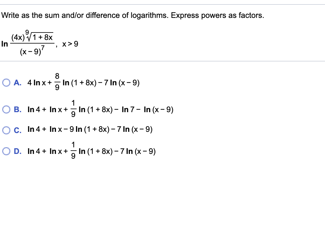Solved Write as the sum and/or difference of logarithms. | Chegg.com