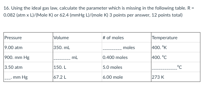 Solved 16. Using the ideal gas law, calculate the parameter | Chegg.com