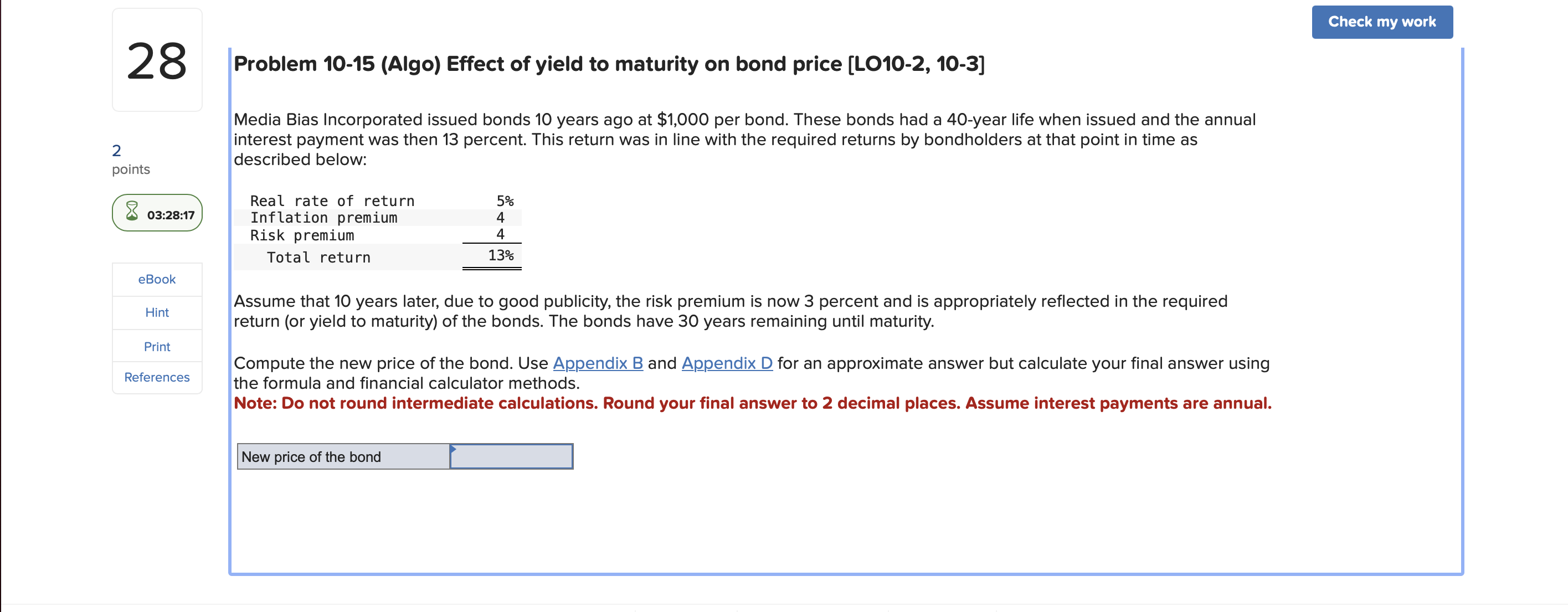Solved Problem 10-15 (Algo) Effect of yield to maturity on | Chegg.com