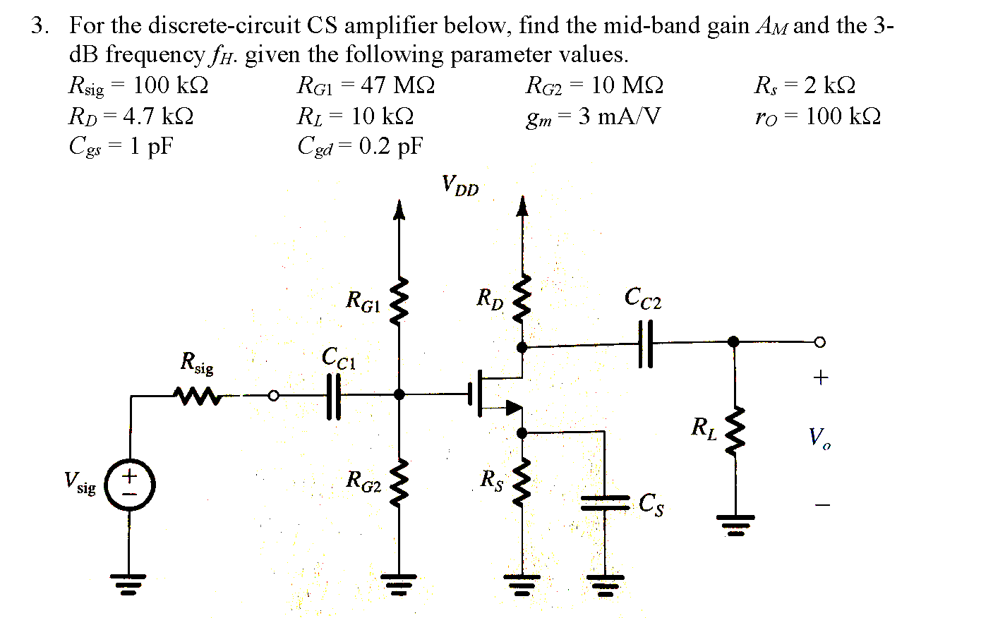 Solved For the discrete-circuit CS amplifier below, find the | Chegg.com