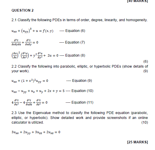 Solved QUESTION 2 2.1 Classify the following PDEs in terms | Chegg.com