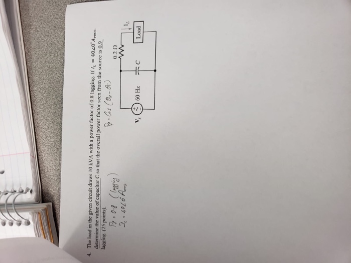 Solved The load in the given circuit draws 10 kVA with a | Chegg.com