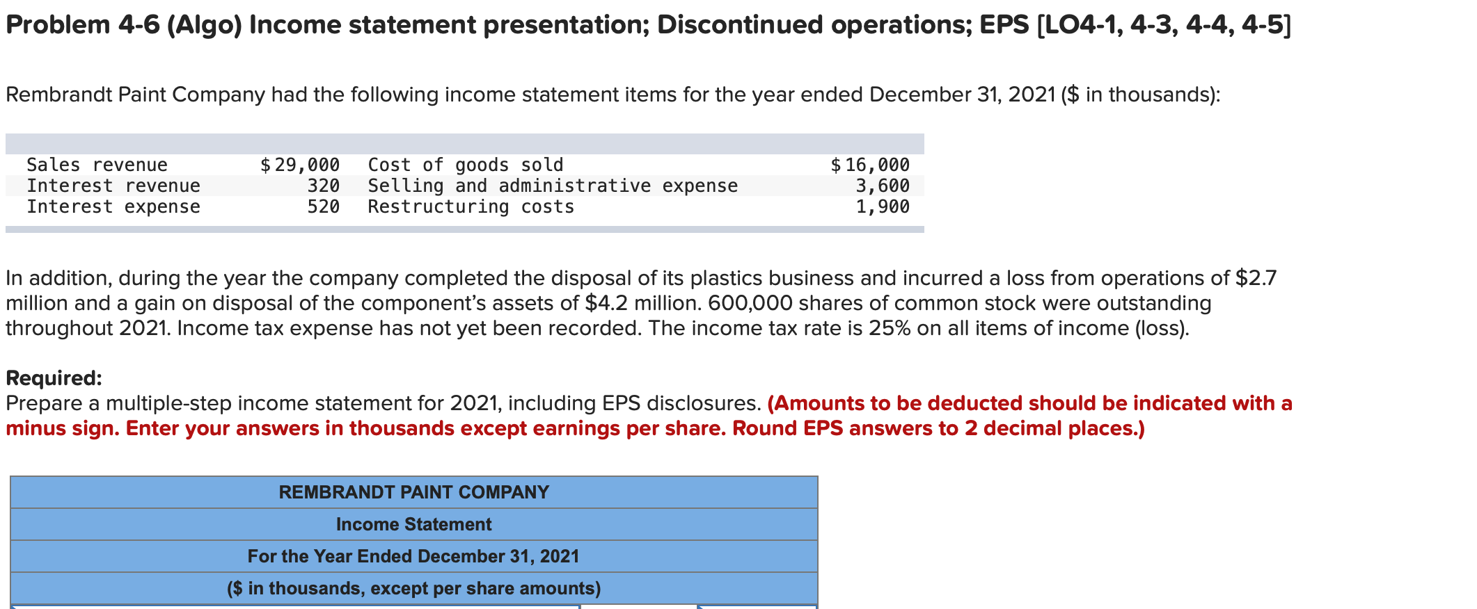 Solved Problem 4-6 (Algo) Income statement presentation; | Chegg.com