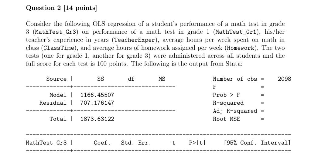 Solved Consider the following OLS regression of a student's | Chegg.com