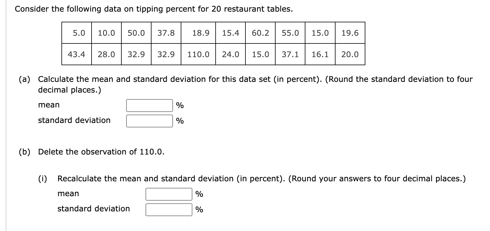 Solved Consider the following data on tipping percent for 20 | Chegg.com