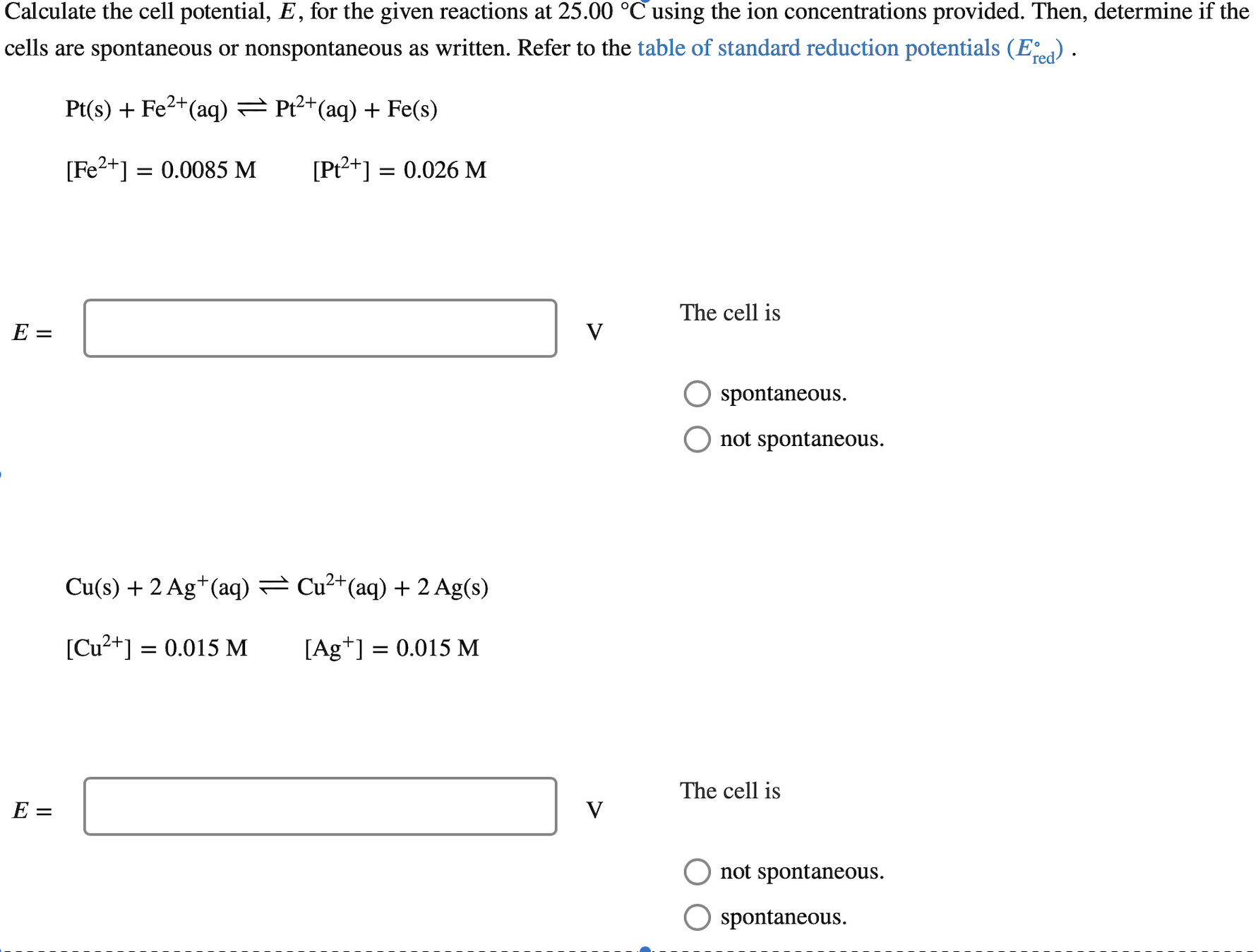 Solved Calculate the cell potential, E, for the given | Chegg.com