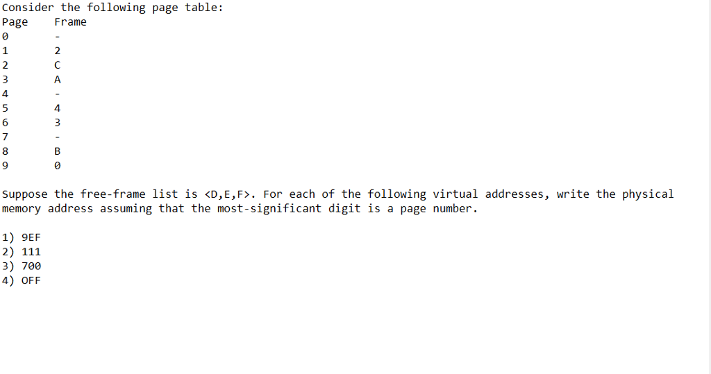 Solved consider the following page table: Page Frame 4 6 7 | Chegg.com