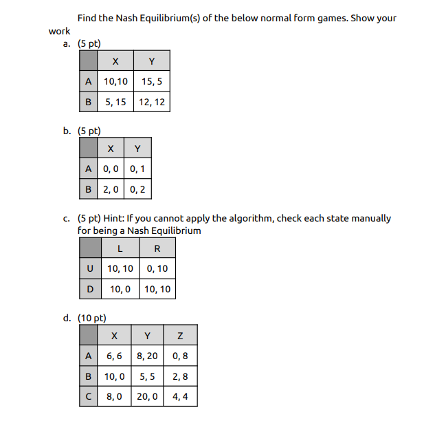 Solved Find the Nash Equilibrium(s) of the below normal form | Chegg.com