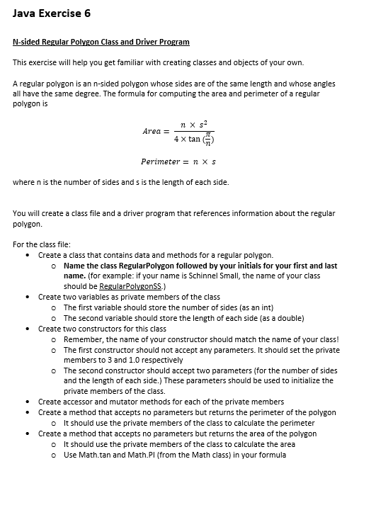Solved Java Exercise 6 N-sided Regular Polygon Class and | Chegg.com