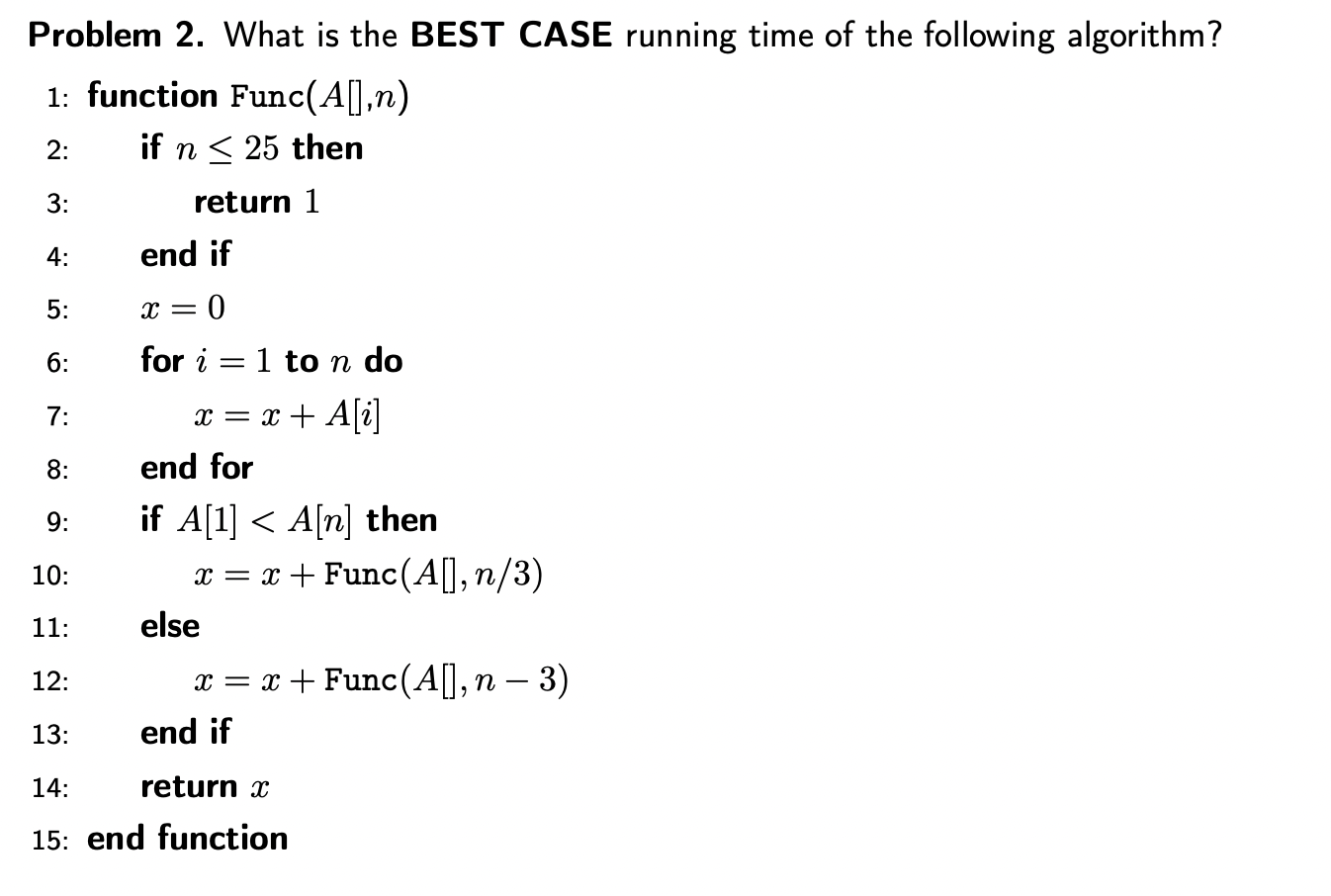 Solved Problem 2. What is the BEST CASE running time of the | Chegg.com