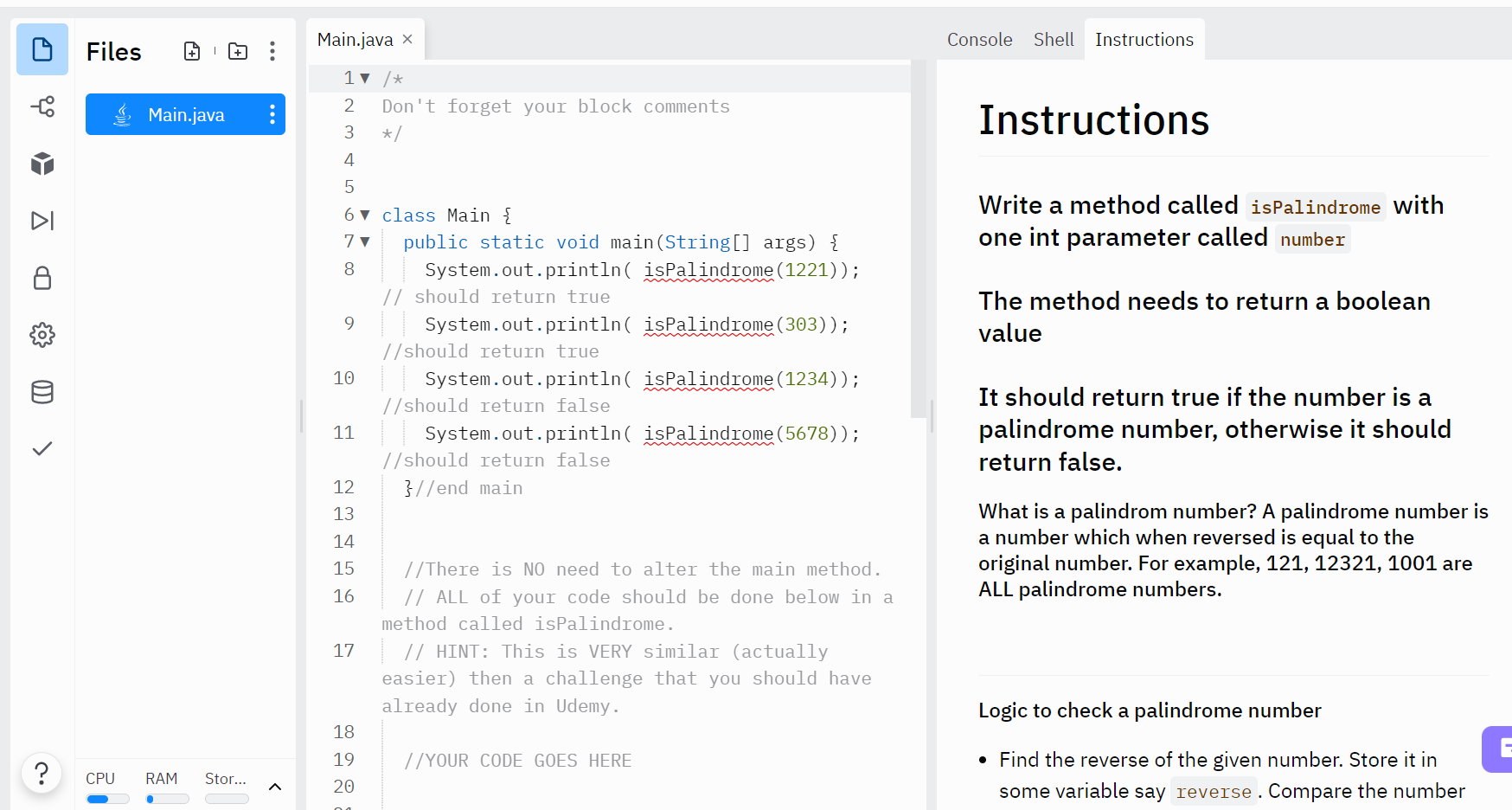 Solved Console Main.java * Shell . Instructions Files 片 | 白 | Chegg.com