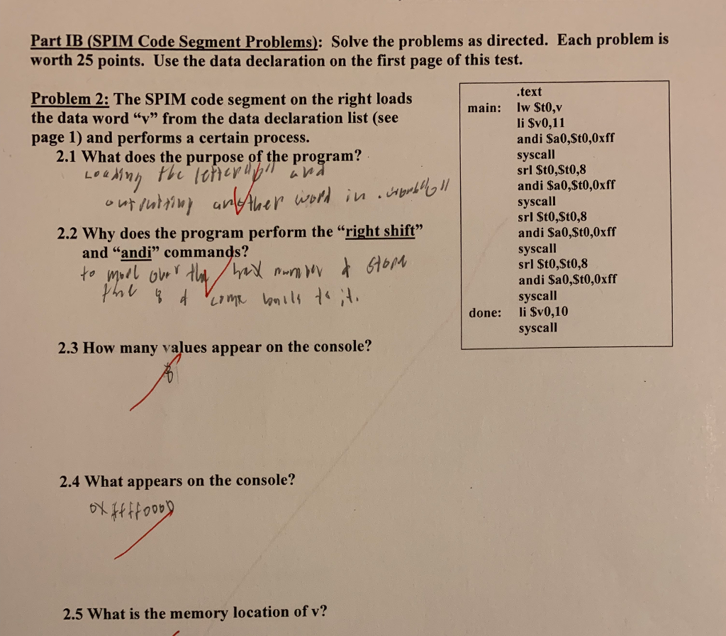 Part IB (SPIM Code Segment Problems): Solve the | Chegg.com