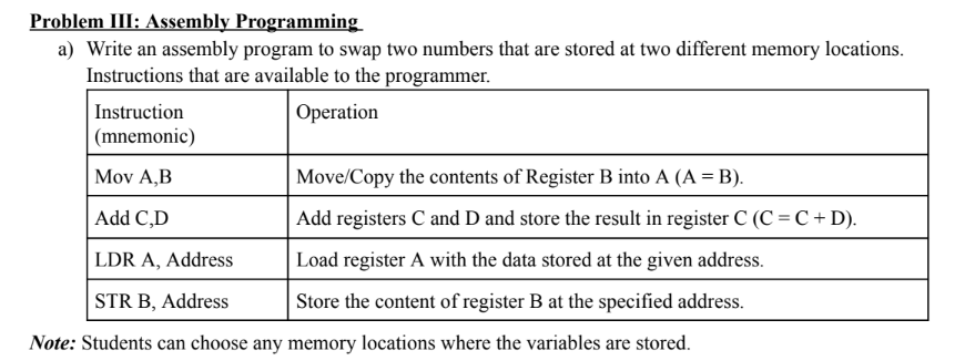 Solved Problem III: Assembly Programming a) Write an | Chegg.com