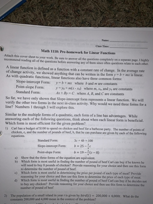 Solved Name: Class Time: Math 1110: Pre-homework for Linear | Chegg.com