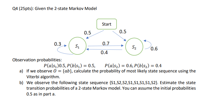 Q4 (25pts): Given the 2-state Markov Model | Chegg.com