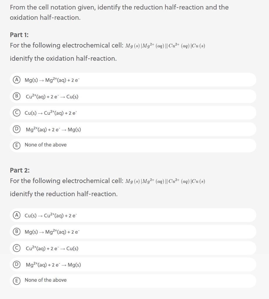 Solved From the cell notation given, identify the reduction | Chegg.com