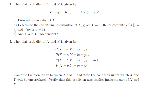 Solved 2. The joint prob dist of X and Y is given by: P(x, | Chegg.com