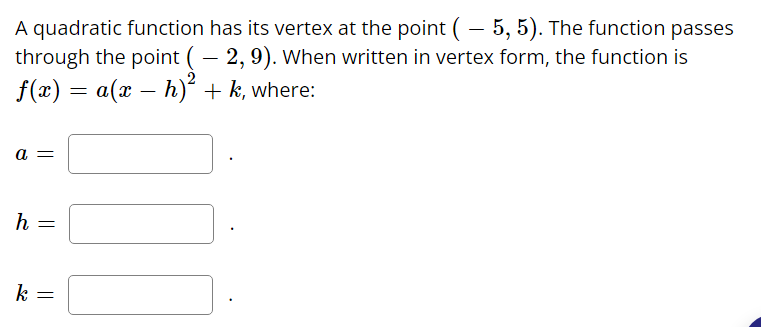 Solved A quadratic function has its vertex at the point | Chegg.com
