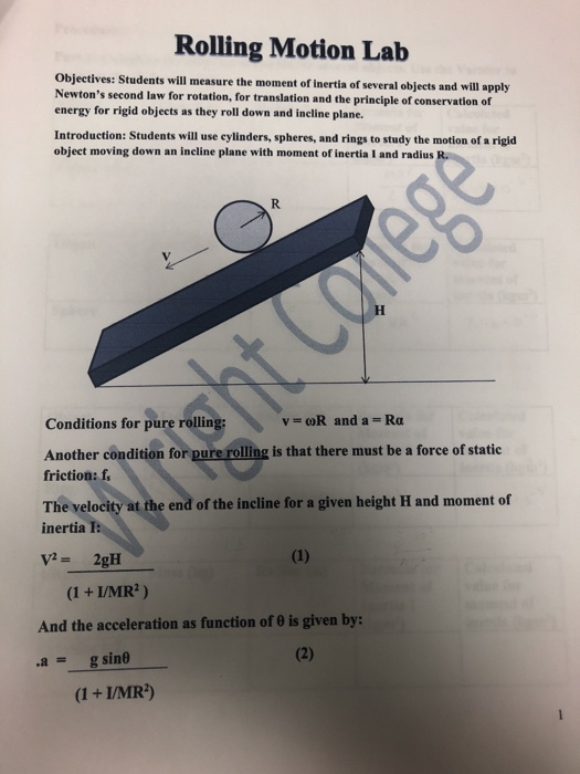 Solved Rolling Motion Lab Objectives: Newton's energy for | Chegg.com